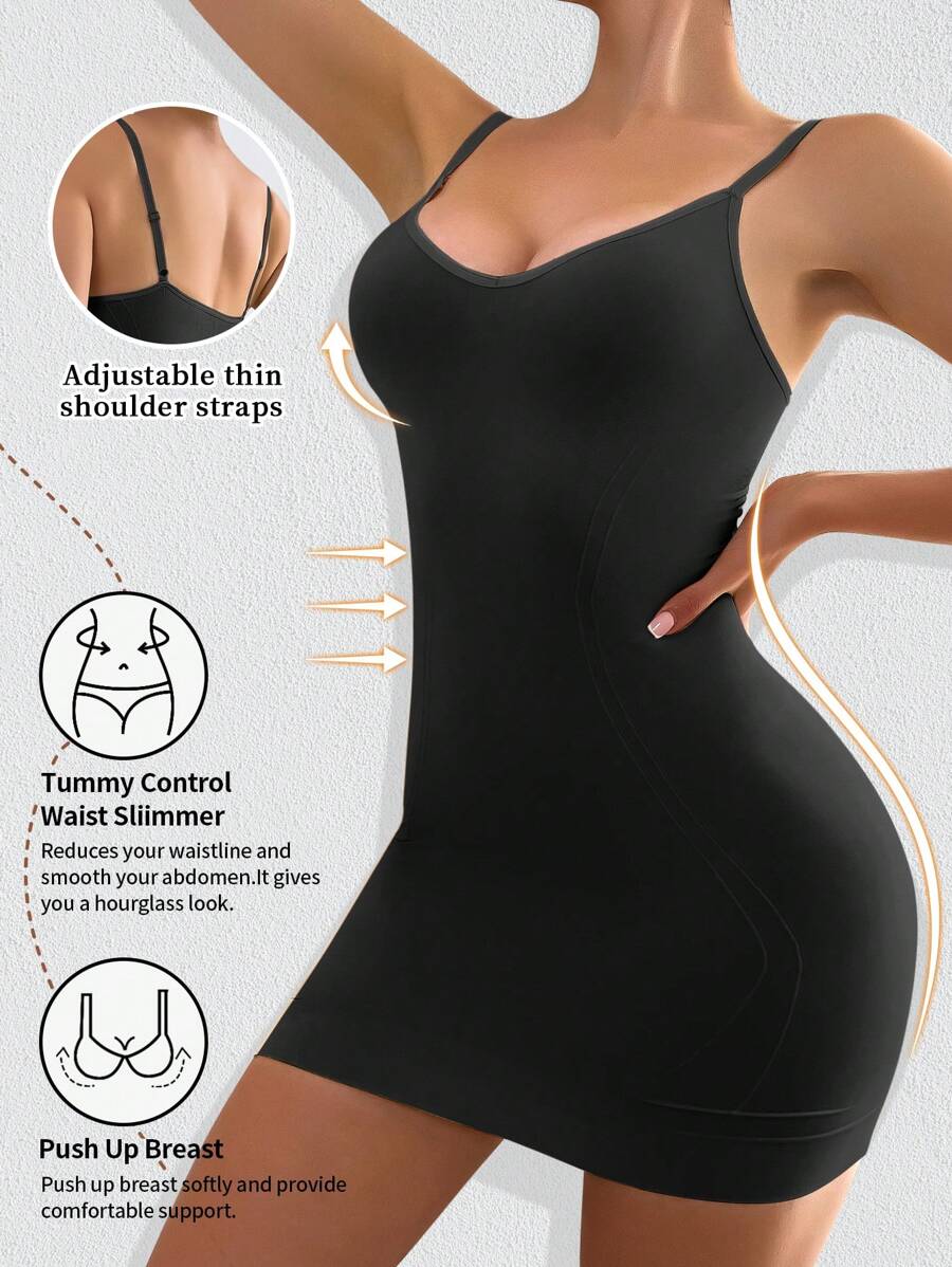 1pc Women's Seamless Waist & Abdomen Control Slip Dress With Padded Bra ...