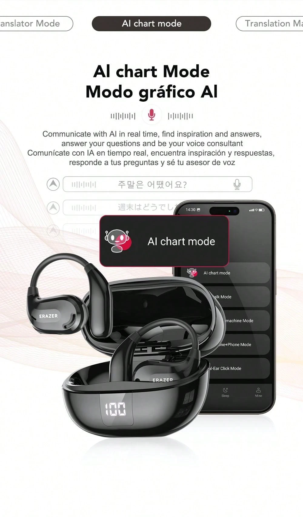 ERAZER Auriculares inalámbricos XT66PRO con traductor de IA, micrófono incorporado y calidad de ...