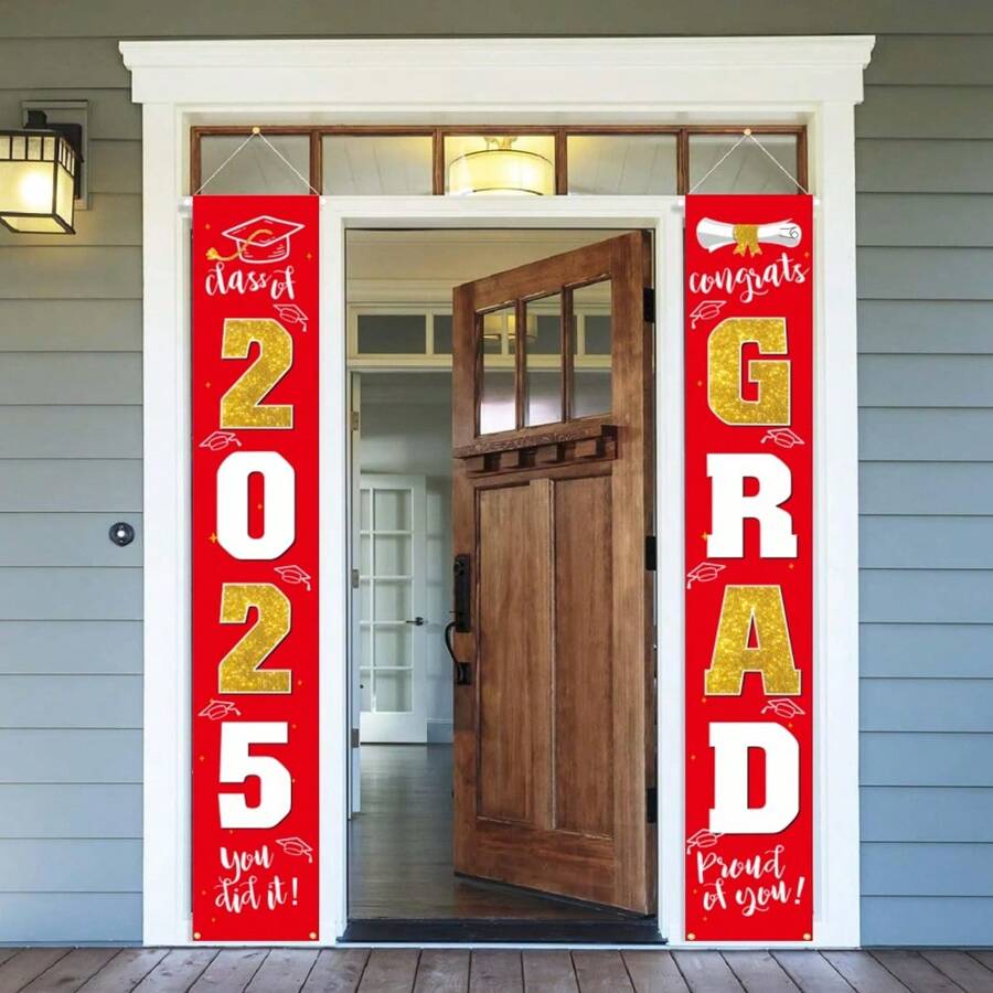 2 Pcs Red 2025 Graduation Door Banner Decoration, 2025 Graduation Porch ...