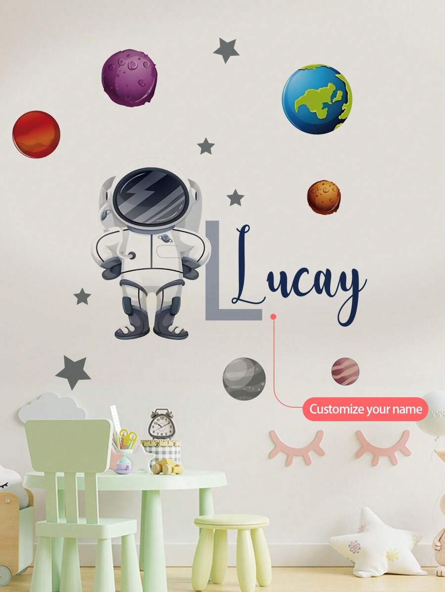 1pc Cartoon Astronaut And Space Theme Wall Decal, Custom Text Sticker ...