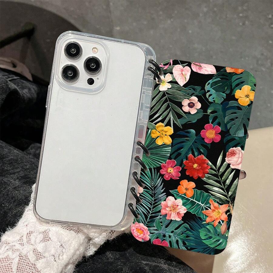 1pc Book Style Phone Case, Floral & Green Plant Theme, Black Edge ...