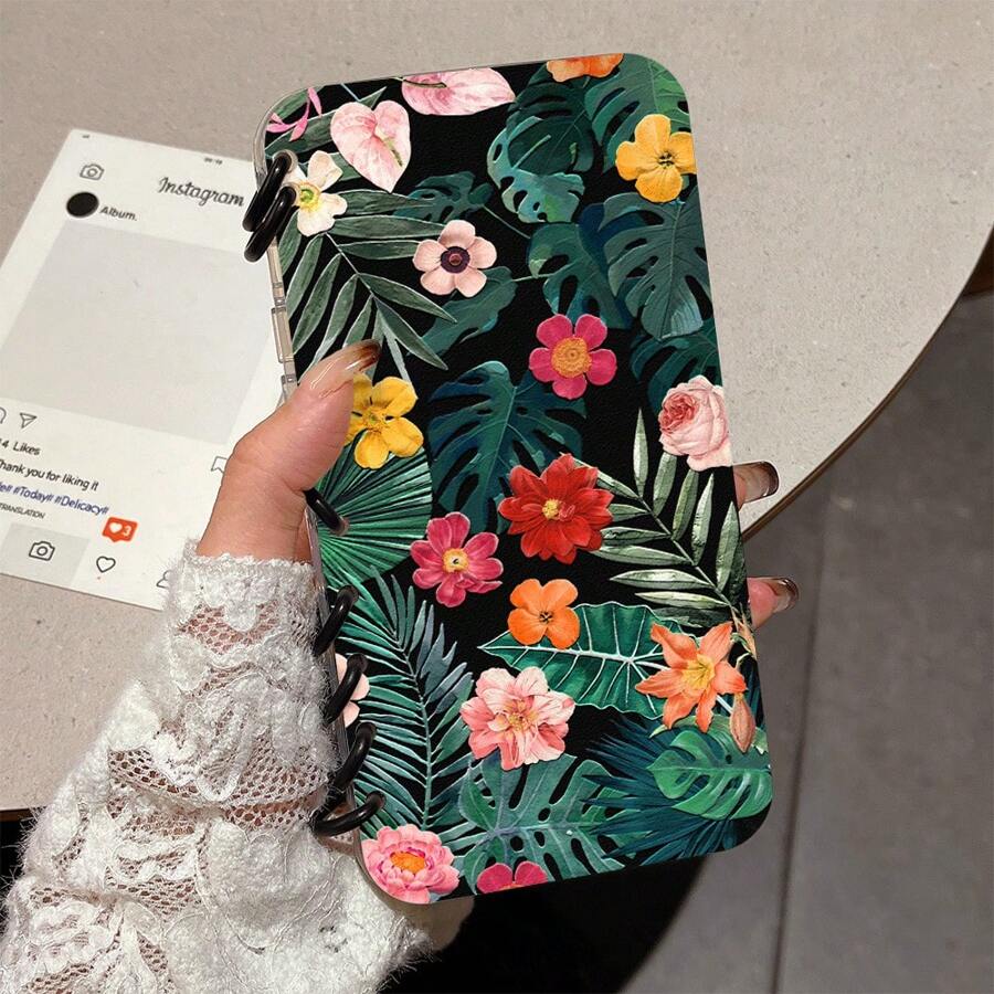 1pc Book Style Phone Case, Floral & Green Plant Theme, Black Edge ...