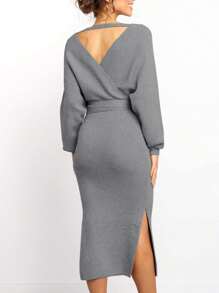 Women's Sexy Wrap Batwing V Neck Slit Open Back Maxi Sweater Dress With ...