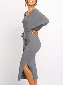 Women's Sexy Wrap Batwing V Neck Slit Open Back Maxi Sweater Dress With ...