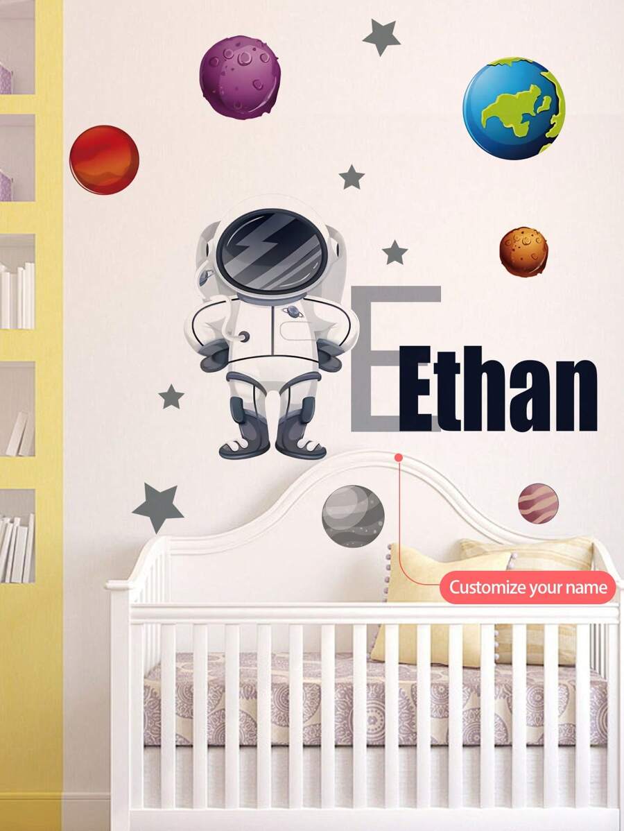1pc Cartoon Astronaut And Space Theme Wall Decal, Custom Text Sticker ...