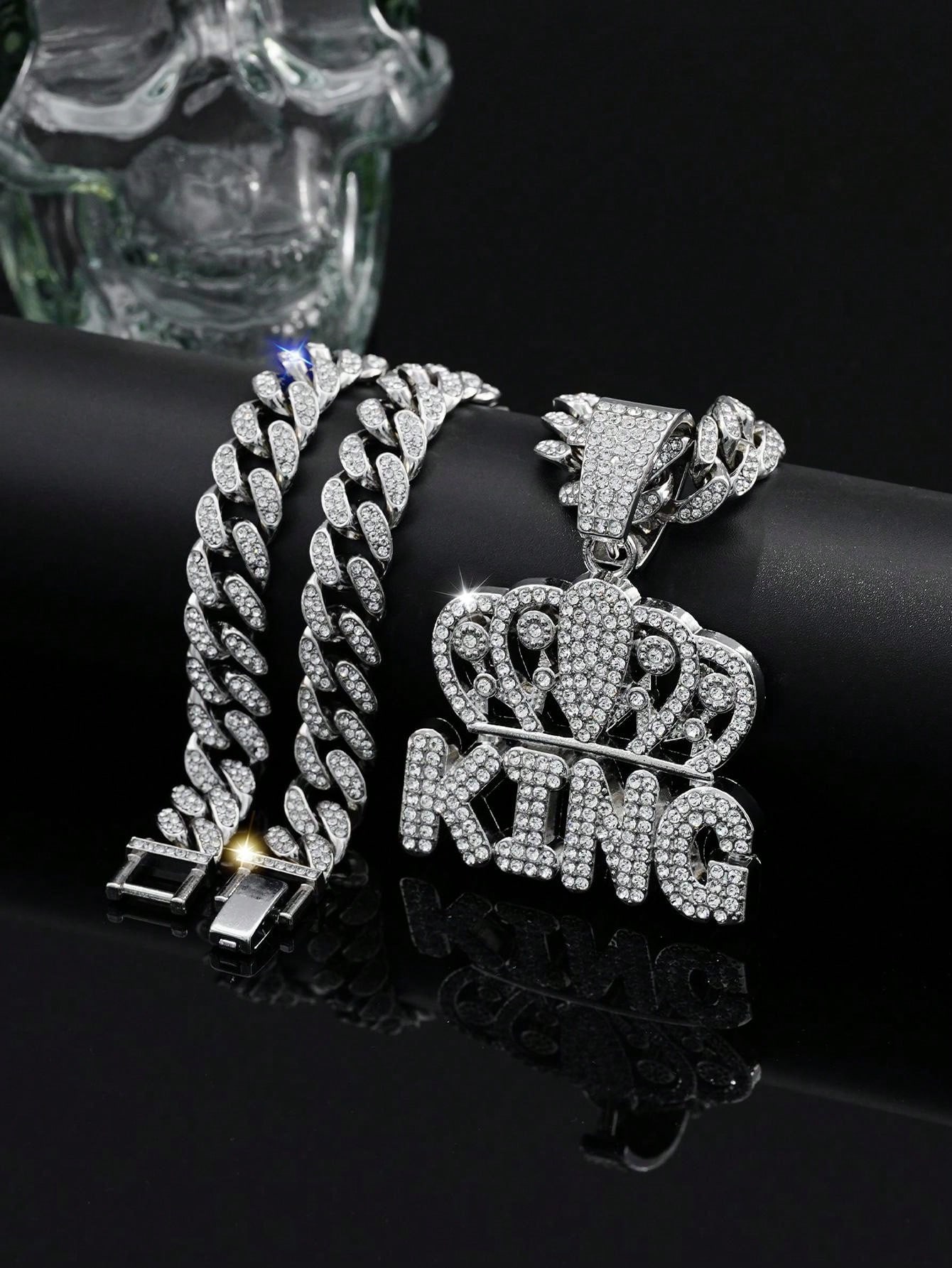 Iced Out Chain King Necklace Letter With Crown Pendant For Men Gold ...