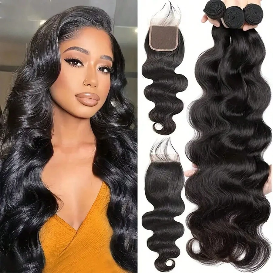 Body Wave Bundles With Closure Human Hair Brazilian 3 Bundles With 4x4 ...