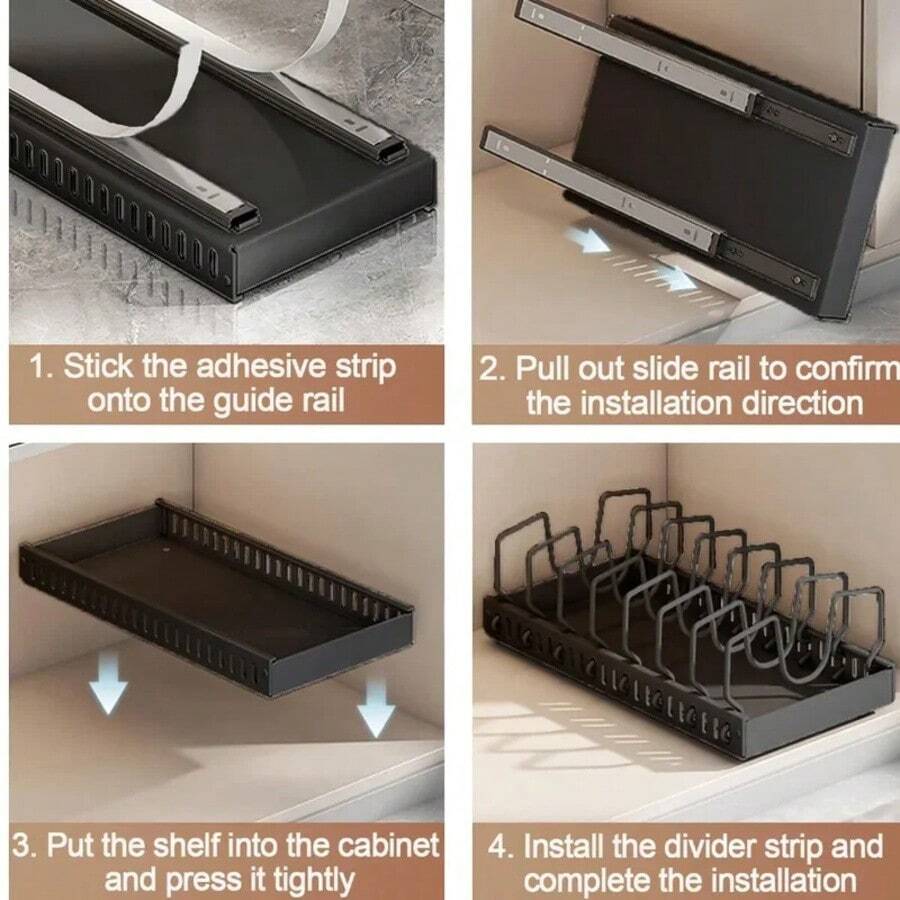 Kitchen Pull-Out Pot Rack Adjustable Cupboard Trays Dishes Partition ...
