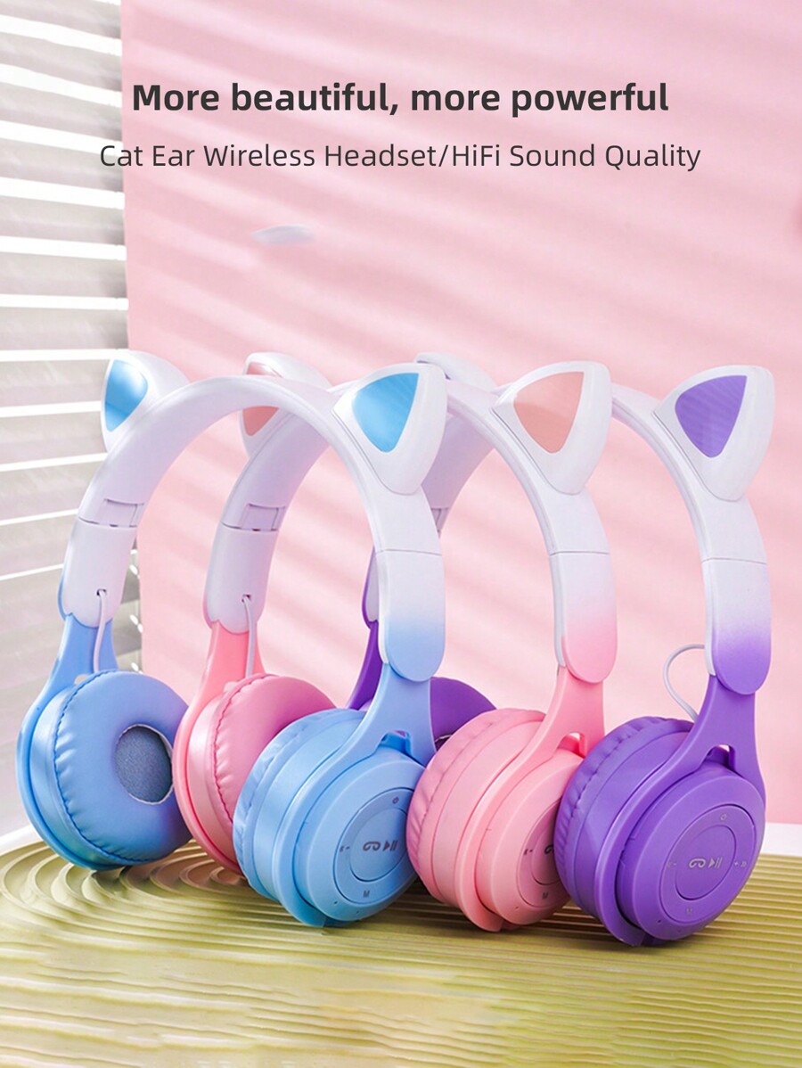 Kids Wireless Headset Cat Ear LED Light Up Foldable Headphones For ...