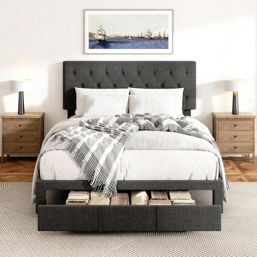Bed Frame With Storage, Full Size Bed Frame With Adjustable Headboard ...