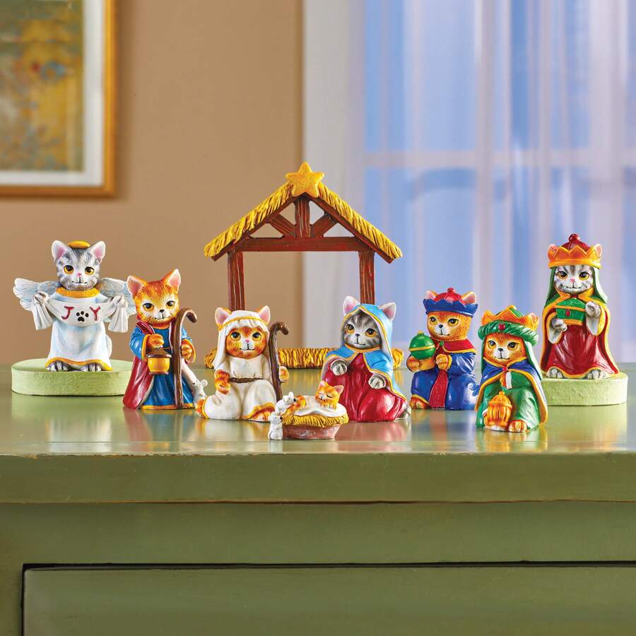 Collections Etc Hand-Painted 9-Piece Cat Christmas Nativity Scene Set ...