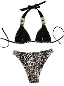 Women Summer 2Pcs Bikini Sets Hanging Neck Tie Up Bra + Low Waist ...