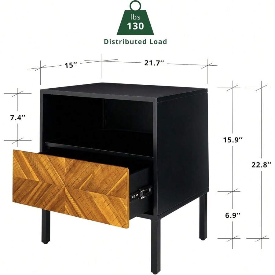 Vivian Solid Wood Nightstand, End Table, Bedside Table With Herringbone ...