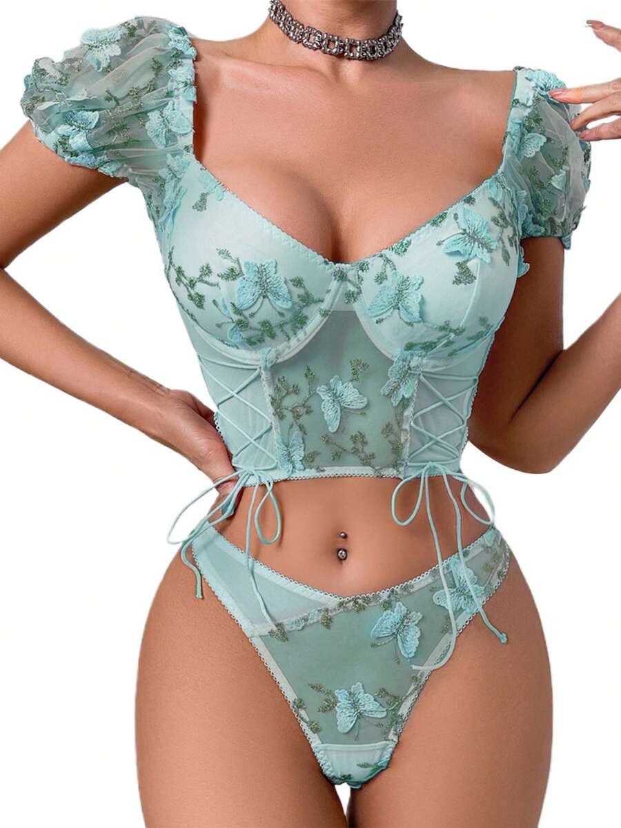 Women's Mesh Sexy Lingerie 2 Piece Set Butterfly Flower Embroidery Puff Short Sleeve Lace Up ...