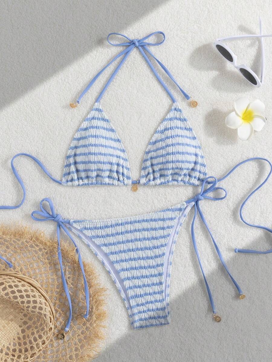 Ladies' Striped And Water Ripple Split Swimsuit Sexy Bikini SexHy ...