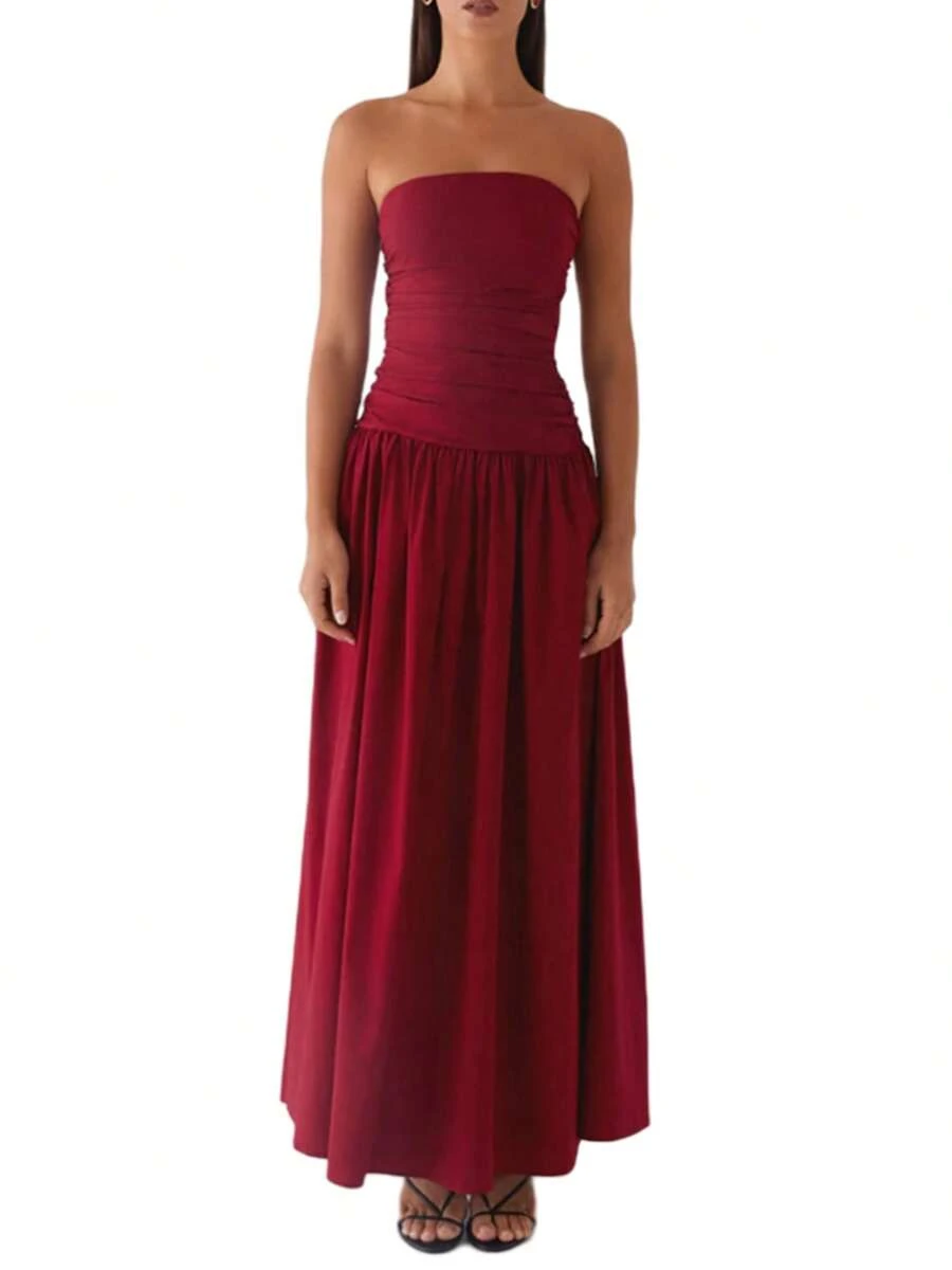 Women Strapless Tube Top Dress Summer Sleeveless Ruched Flowy Cocktail ...