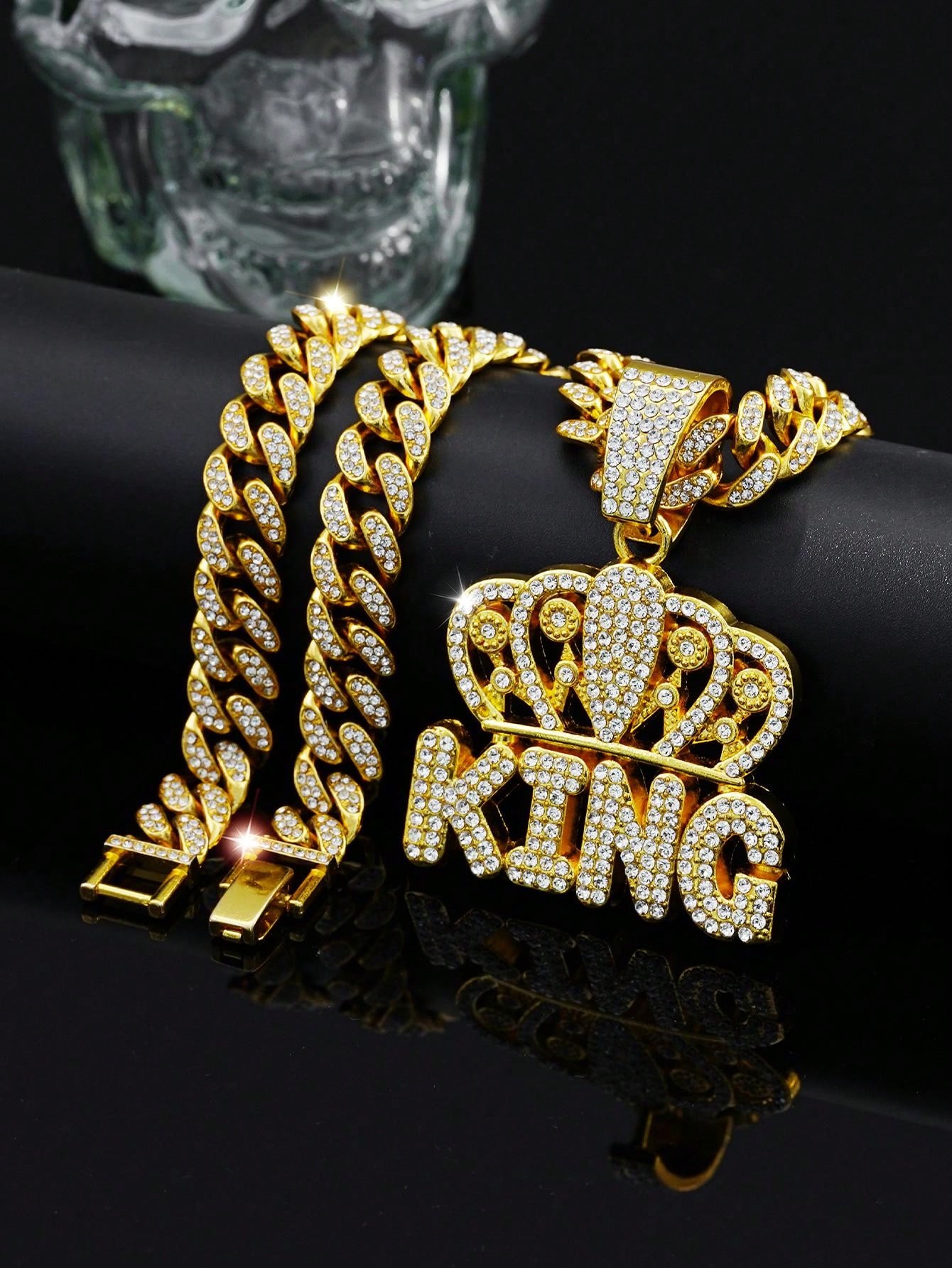 Iced Out Chain King Necklace Letter With Crown Pendant For Men Gold ...