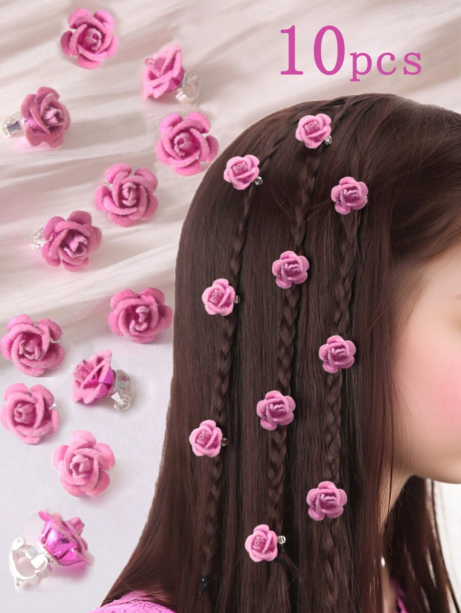 10pcs Red Rose Pattern Hair Clips For Girls, White Flower Hair ...