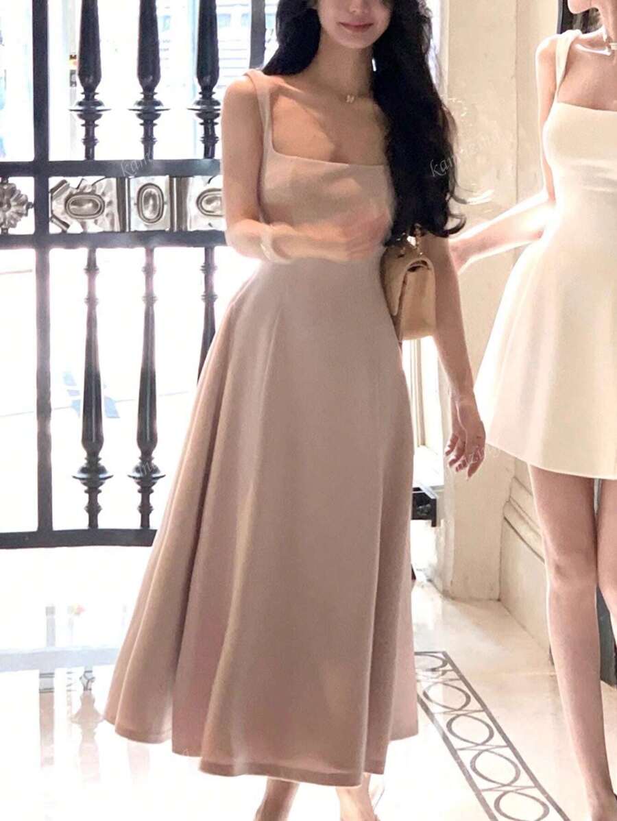 Romantic Pink Square Neck Elegant A-Line Sleeveless Midi Spring Summer ...