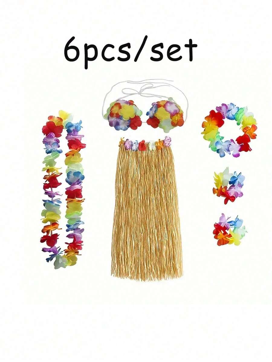 6pcs/Set Hawaiian Tropical Party Accessories Set, Straw Skirt Garland ...