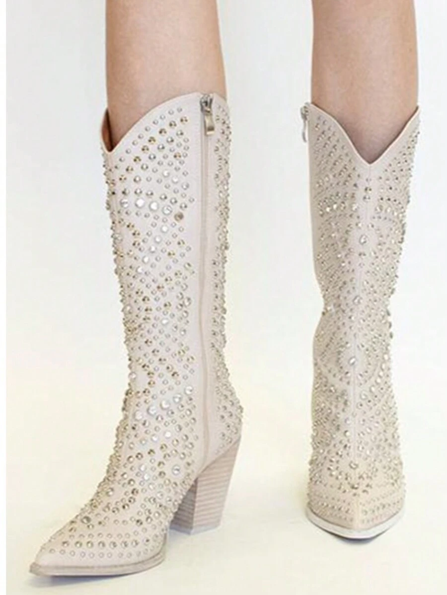 Women's Rhinestone Western Knee-High Boots Point Toe Chunky Stacked ...