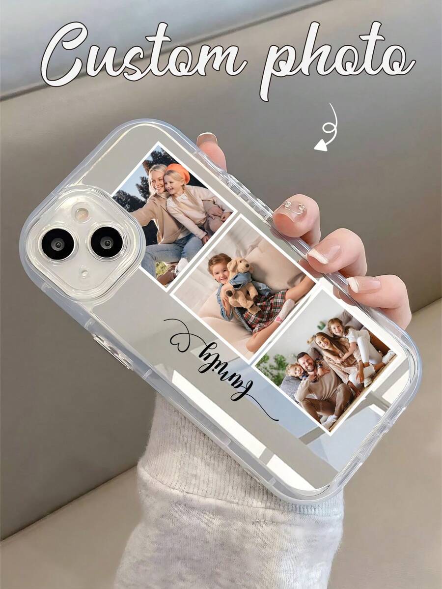 1pc Customizable 3-Photo Heart Text Phone Case, Multiple Colors ...