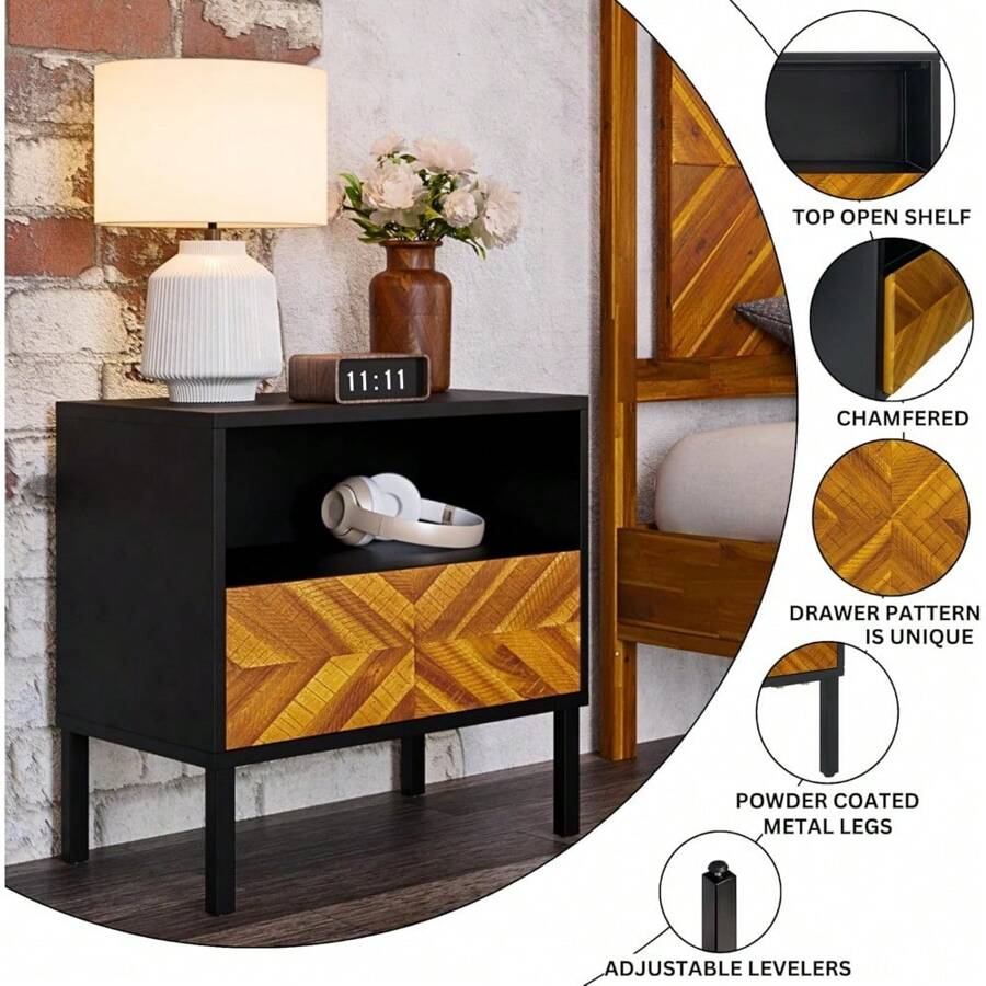 Vivian Solid Wood Nightstand, End Table, Bedside Table With Herringbone ...