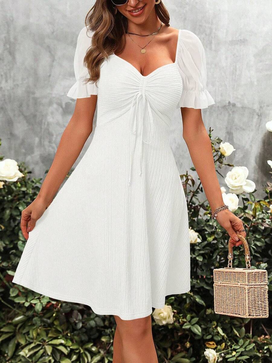 Women's Summer Short Puff Sleeve Mini Dress Drawstring Sweetheart Neck ...
