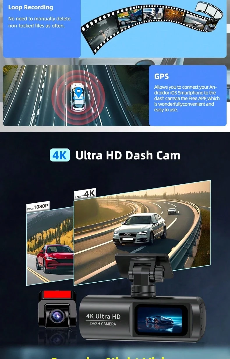 Cámara de salpicadero E-ACE UHD 4K para automóvil con visión nocturna, GPS, WiFi, grabación de ...
