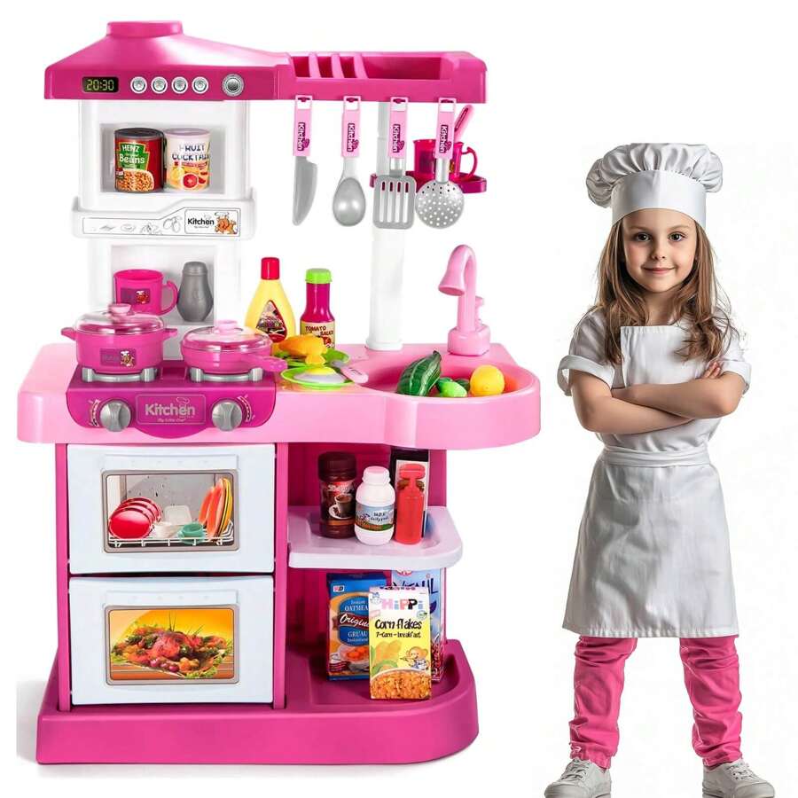 53-Piece Pink Kids Kitchen Playset Pretend Toddler Kitchen Set With ...