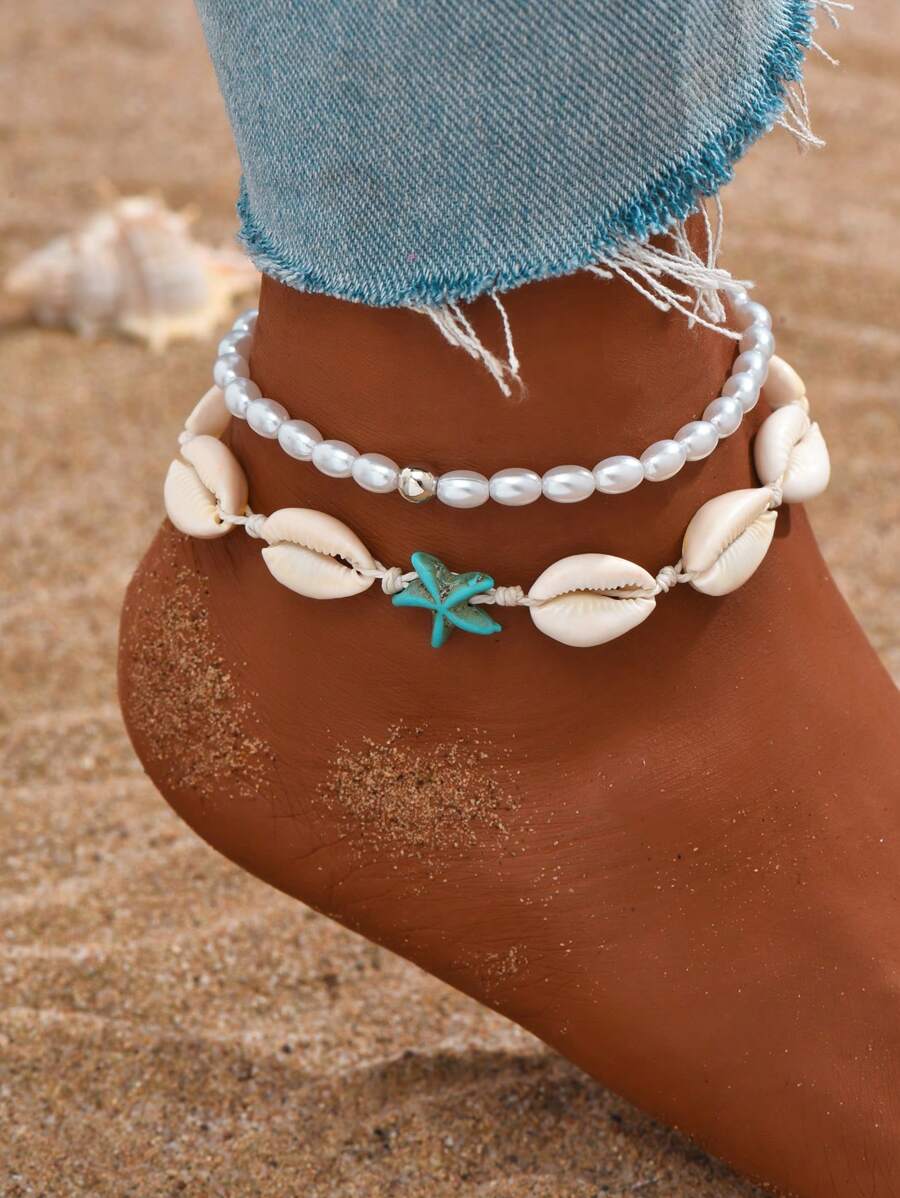 2pcs Bohemian Starfish & Shell CCB Beaded Anklet, Suitable For Beach, Holiday, Gifting To ...