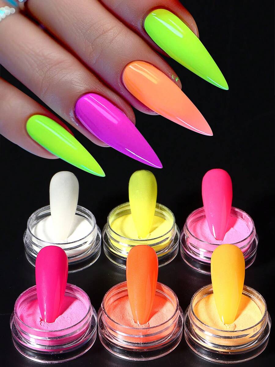 FULL BEAUTY 6pcs/Set Glow In Dark Fluorescent Nail Powder Rubbing On ...