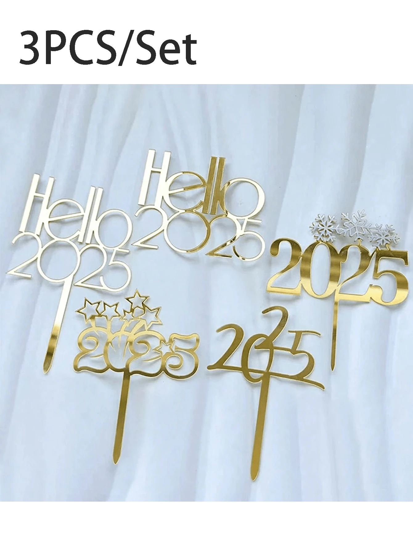 3pcs Acrylic 2025 New Year Cake Toppers, Hello 2025 Gold Acrylic Cake ...