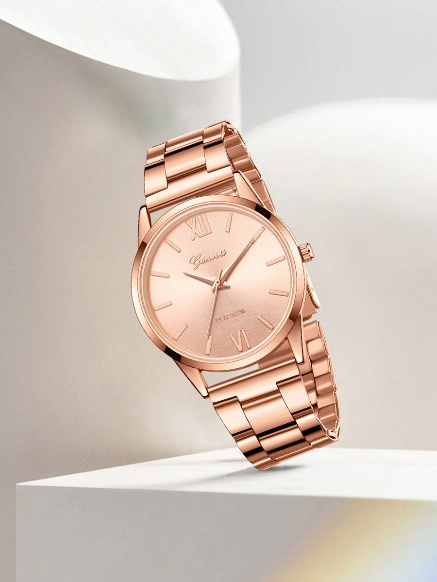 2PCS Rose Gold Round Head Women's Quartz Watch Fashion Casual Steel ...