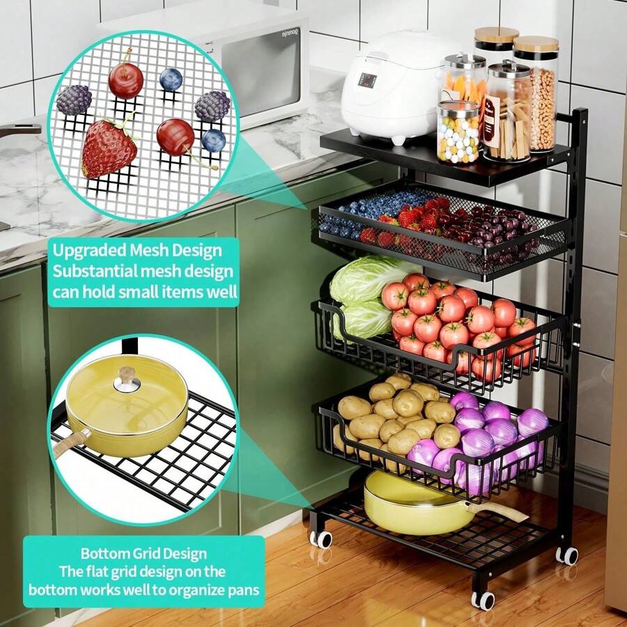 Fruit Basket Kitchen Cart - 5 Tier Adjustable Vegetable Storage Rack ...
