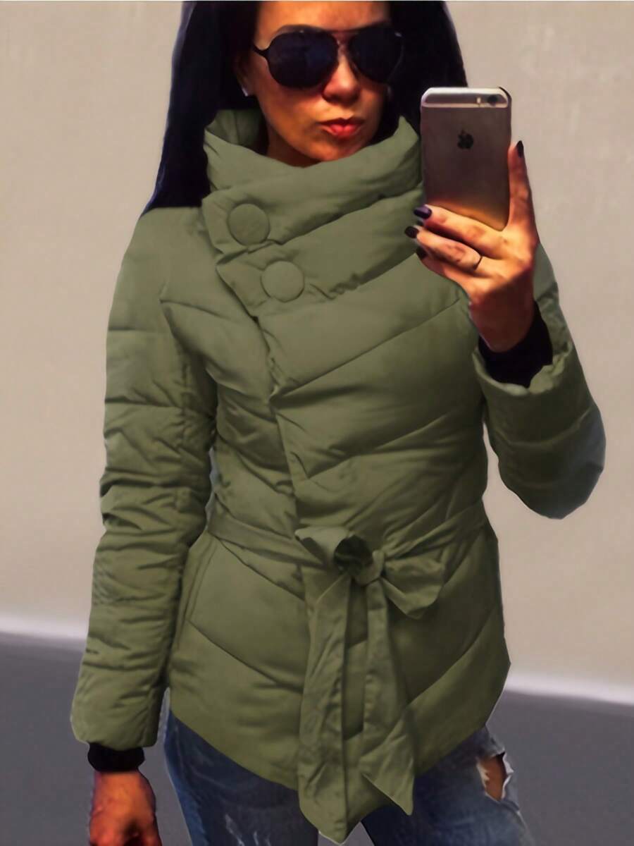 Women Spring Jacket, Long Sleeve Solid Color Turtleneck Buttons Slim ...