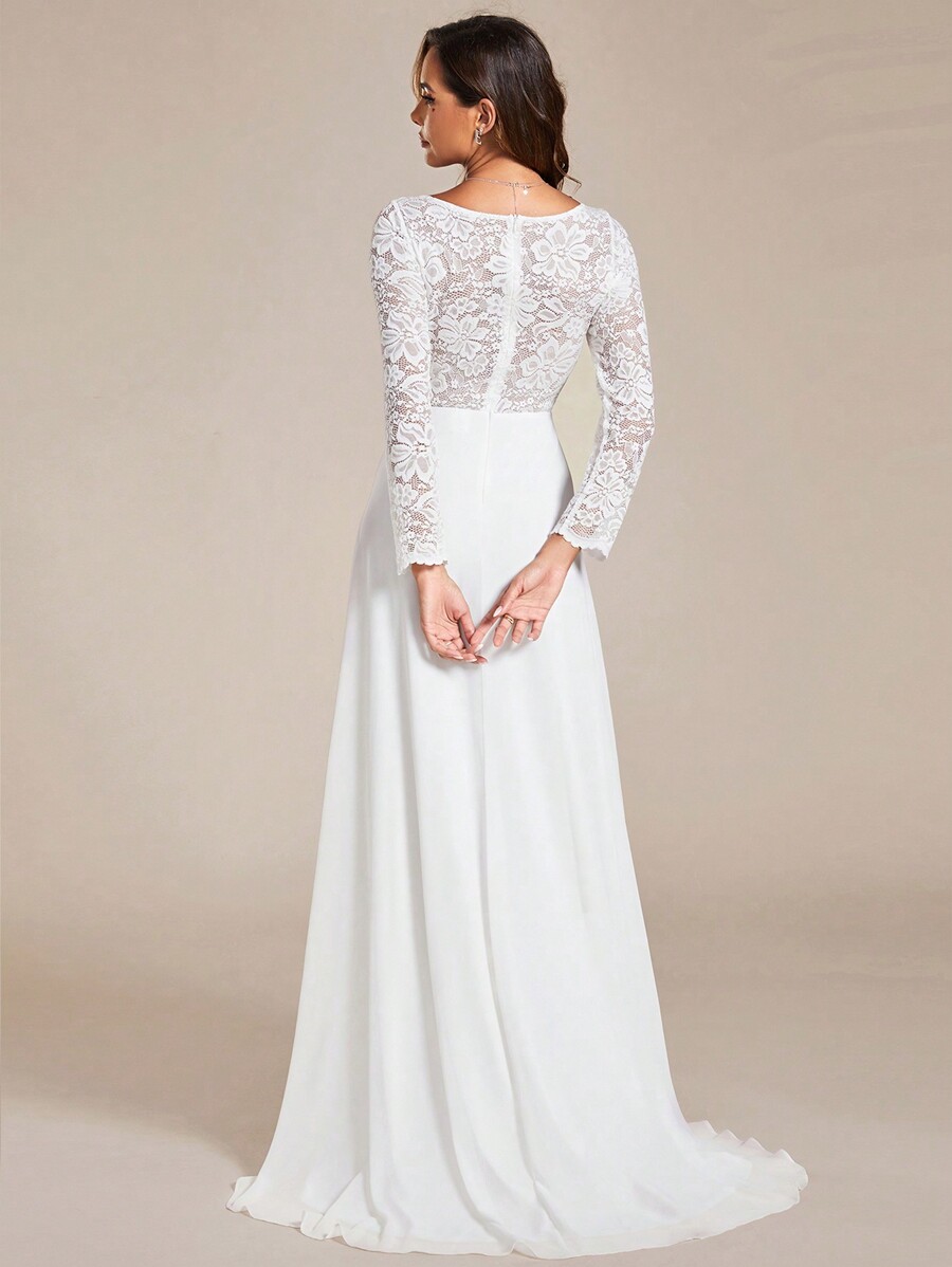 Contrast Lace V-Neck Floor Length Wedding Dress Without Veil White ...