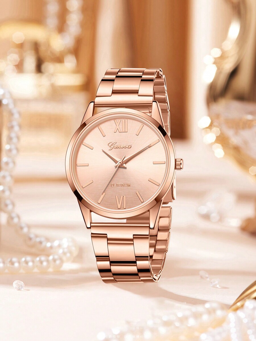 2PCS Rose Gold Round Head Women's Quartz Watch Fashion Casual Steel ...
