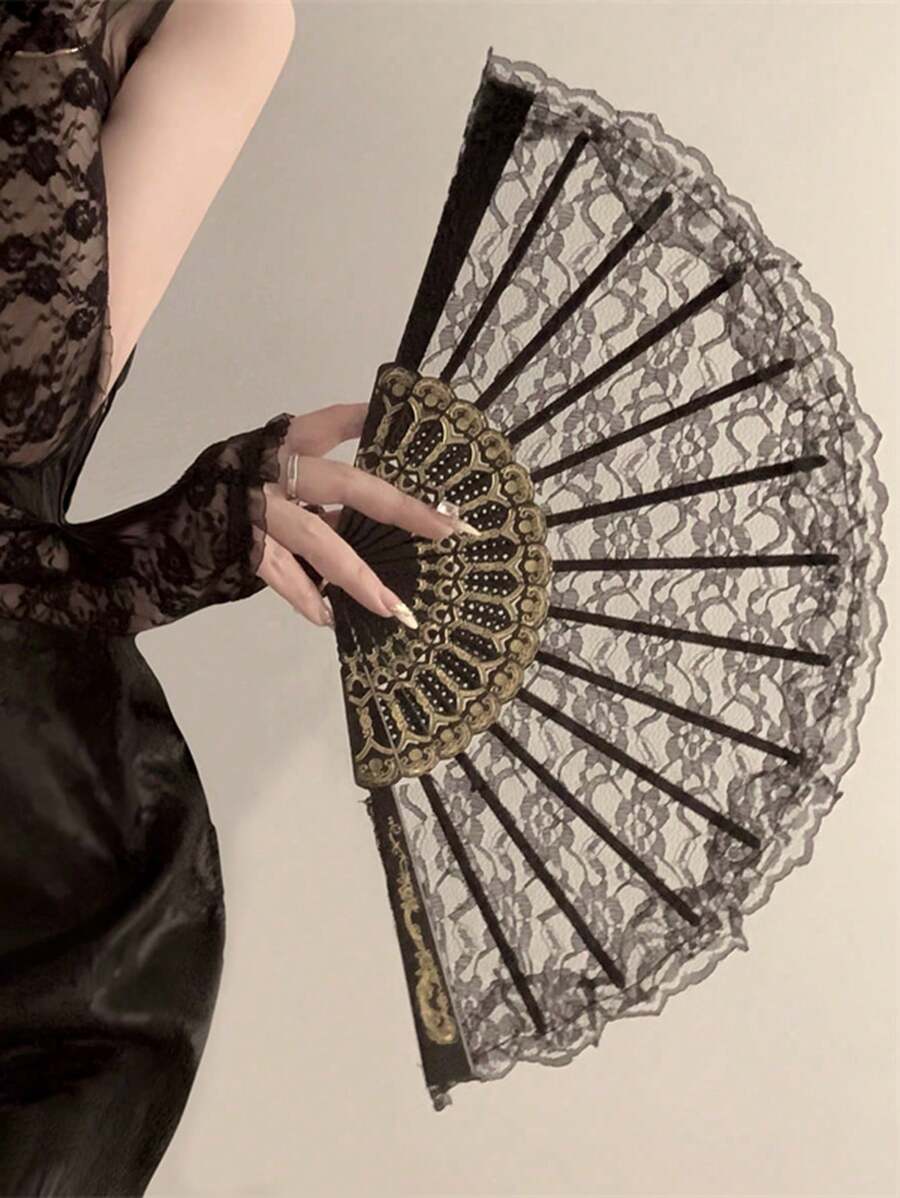 1pc New Chinese Retro Black Lace Folding Fan, JK Lolita Hanfu Cheongsam ...
