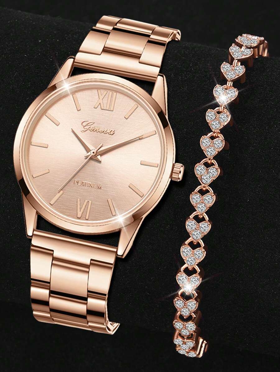 2PCS Rose Gold Round Head Women's Quartz Watch Fashion Casual Steel ...