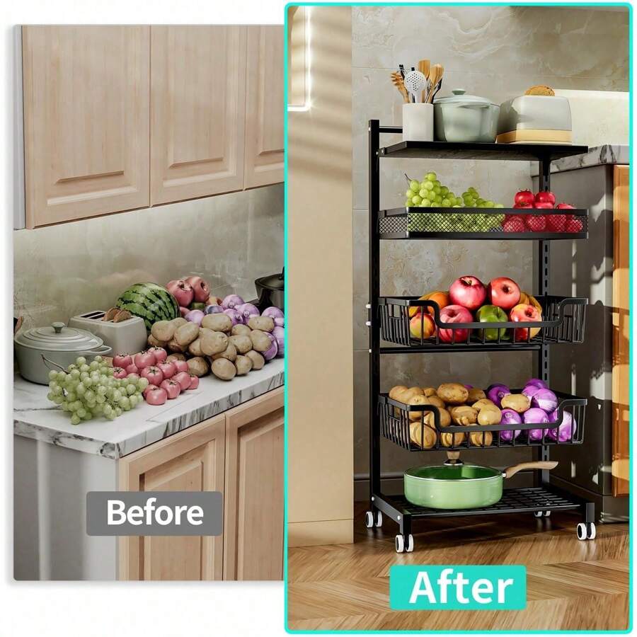 Fruit Basket Kitchen Cart - 5 Tier Adjustable Vegetable Storage Rack ...