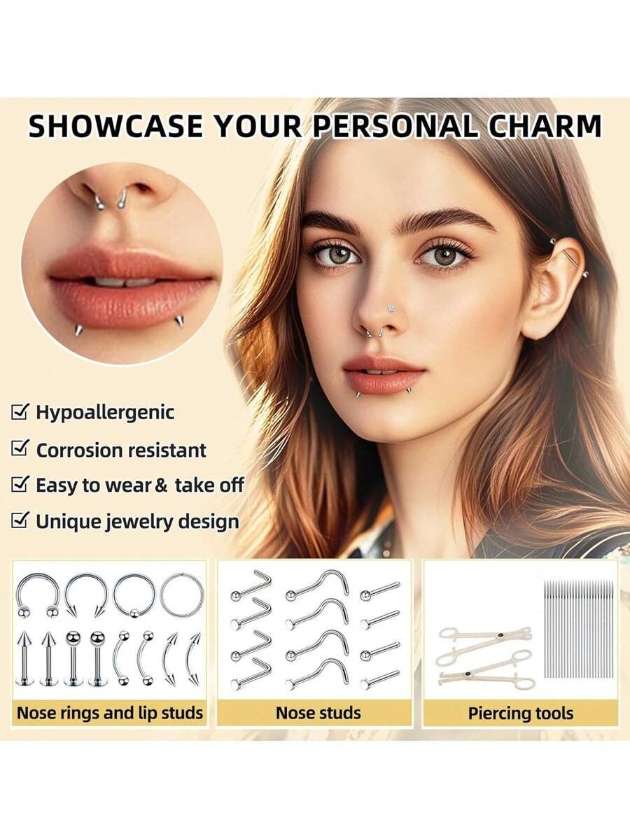 66-75 pezzi Kit di piercing di misure assortite per tutti i tipi di piercing, kit di piercing in ...