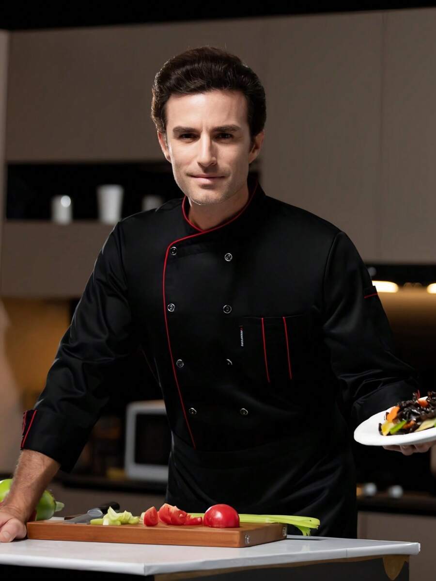 Classic Black With Red Trim Long Sleeve Chef Uniform, Design For Hotel ...