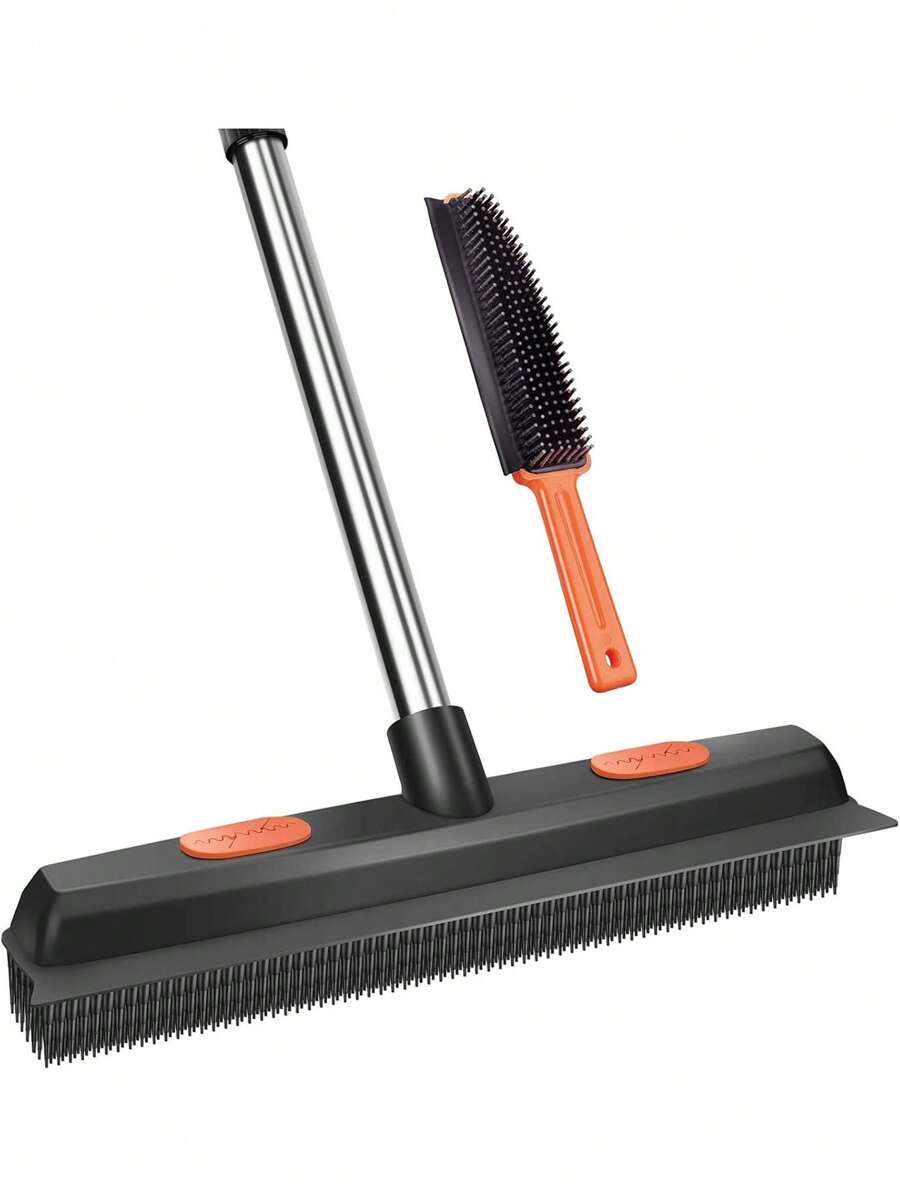 Rubber Broom Carpet Rake For Pet Hair, Fur Remover Broom With Squeegee ...