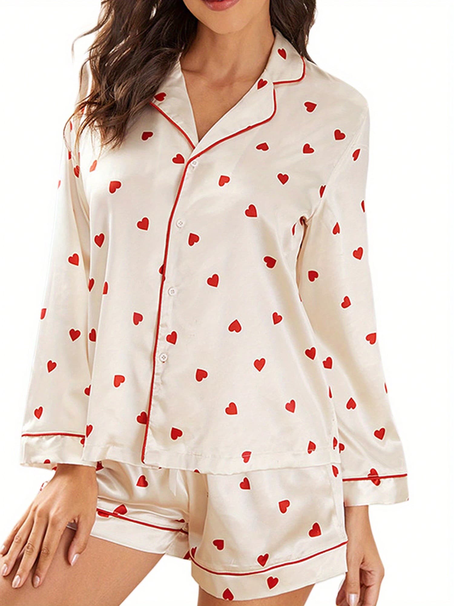 Women Pajama Set, Heart Print Long Sleeve Button Closure Shirt With Shorts Sleepwear Loungewear ...