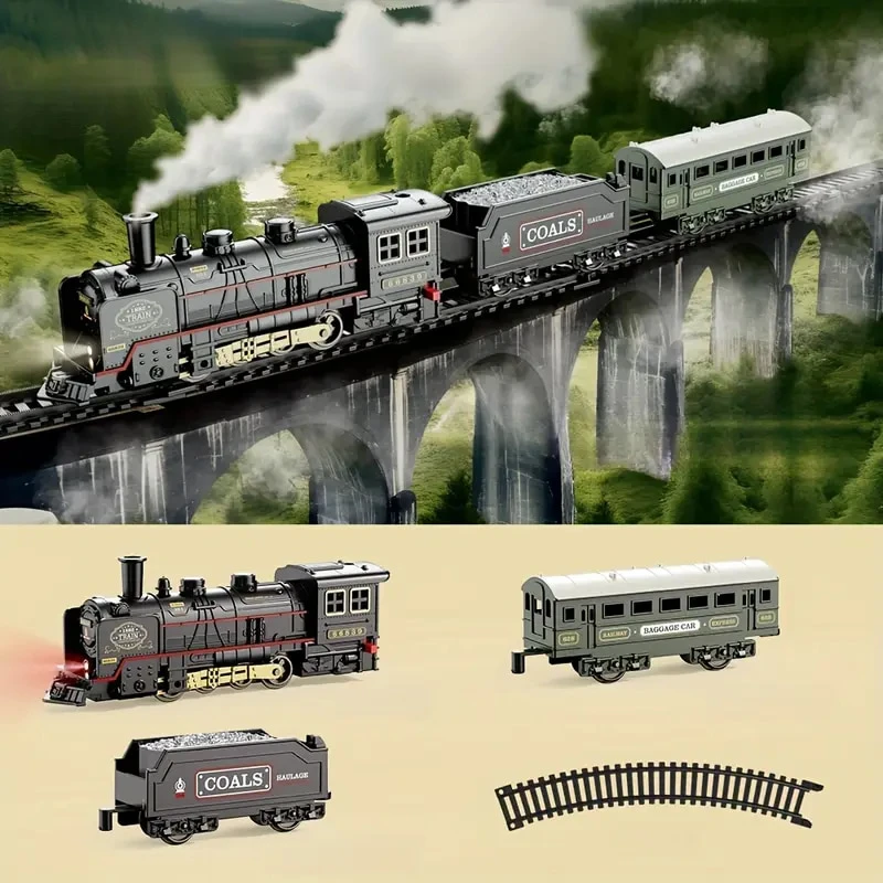 Juego de tren de juguete con sonidos y luces para niños, locomotora de motor clásico para niños ...