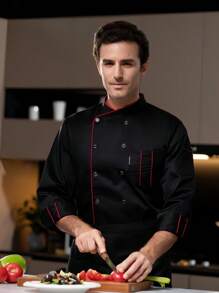 Classic Black With Red Trim Long Sleeve Chef Uniform, Design For Hotel ...