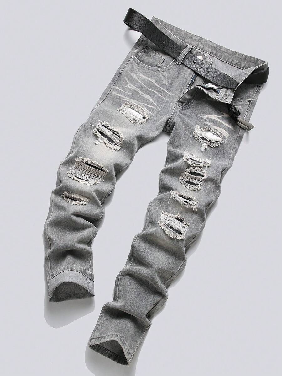 European & American Style Men's Grey Ripped Skinny Straight Leg Jeans ...