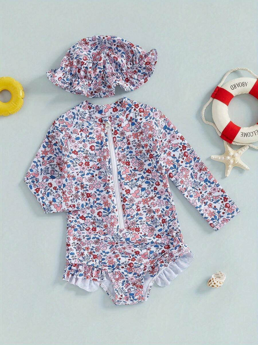 Toddler Girl Rash Guard Swimsuit Floral Print Zipper Long Sleeve ...