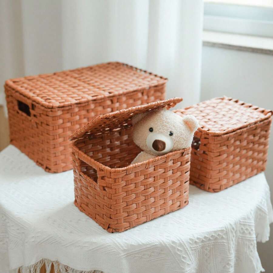 3-Piece Set Woven Storage Baskets With Lids, Nested Woven Willow ...
